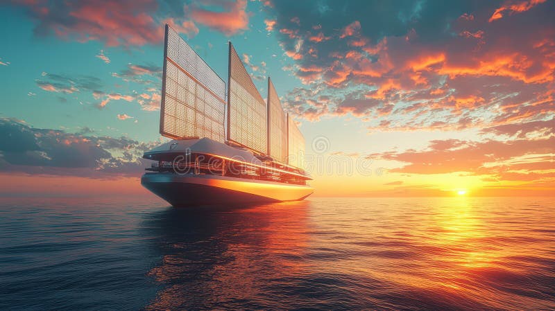 Futuristic Sailing Ship with Solar Panels at Sunset Stock Photo - Image ...