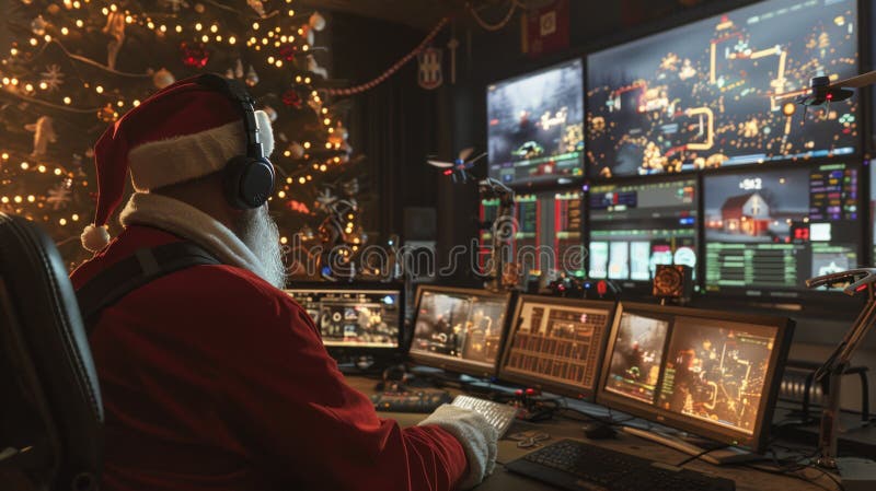 Futuristic Santa Claus Overseeing Drone Fleet Operations at Christmas ...