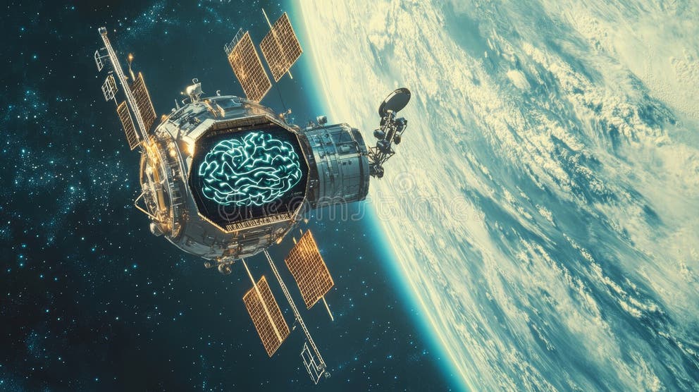 Futuristic Satellite with Brain Interface Orbiting Earth Space Stock ...