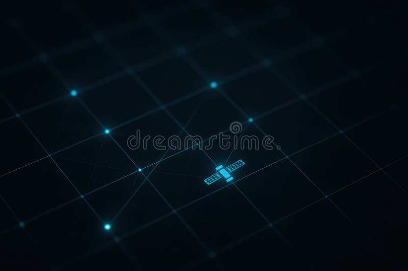Futuristic Satellite Icon Over Grid Network Background in Glowing Blue ...