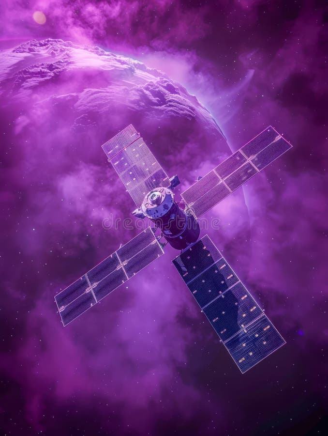Futuristic Satellite Orbiting in Deep Space with Purple Nebula ...