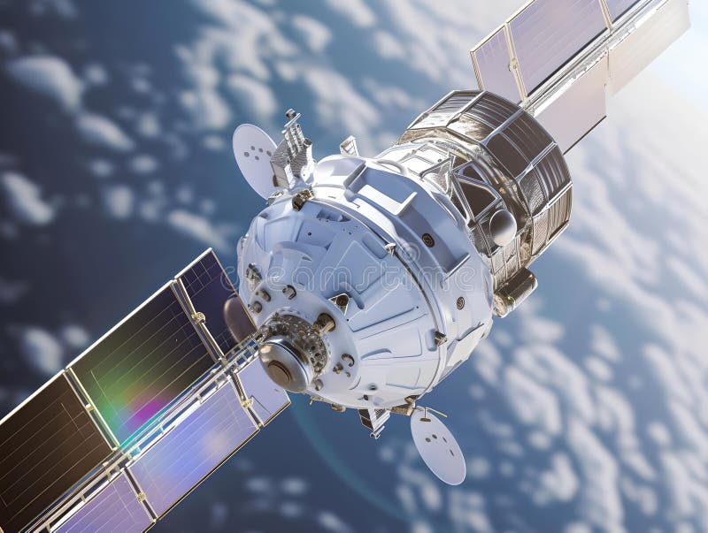 Futuristic Satellite Orbiting Earth, Space Technology in Action. Modern ...