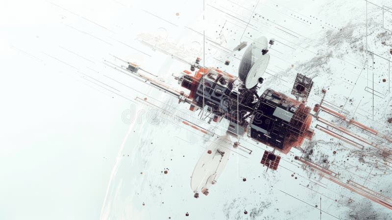 Futuristic Satellite Orbiting Space in a Digital Abstract Landscape ...