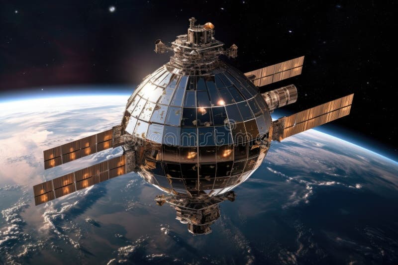Futuristic Satellite with Solar Panels in Orbit Stock Illustration ...