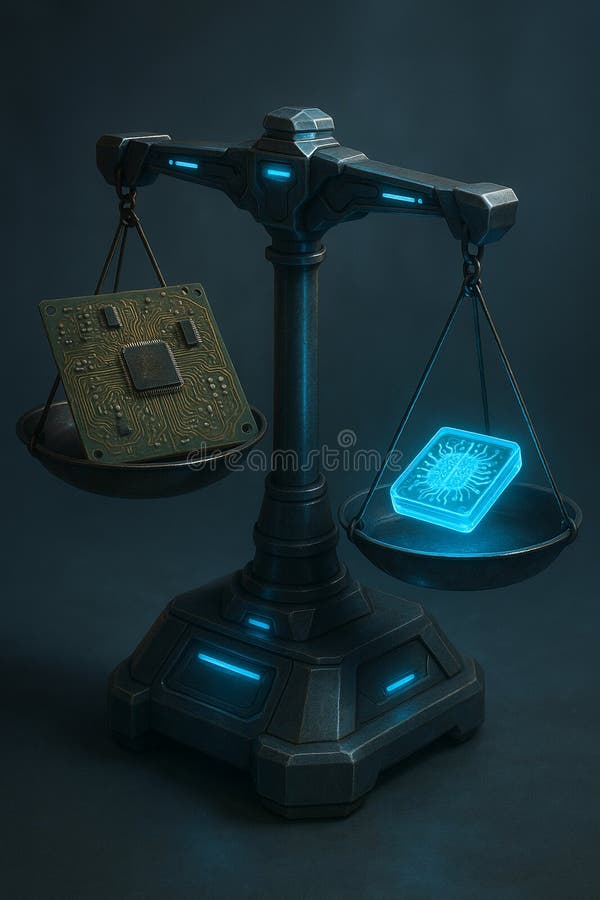 Futuristic Scale Comparing Digital and Analog Chips Stock Illustration ...