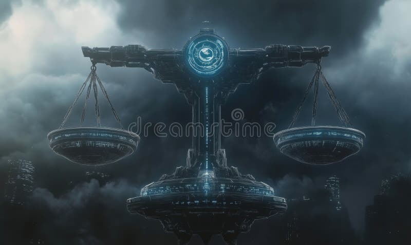 Futuristic Scales of Justice, High-tech Design, Glowing Elements, Dark ...