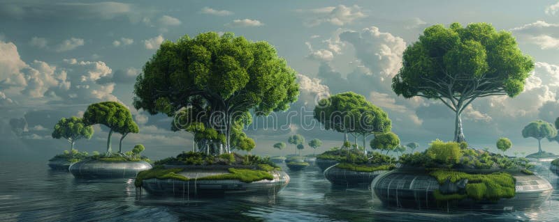 A Futuristic Scene of Afforestation Using Floating Platforms. Trees are ...