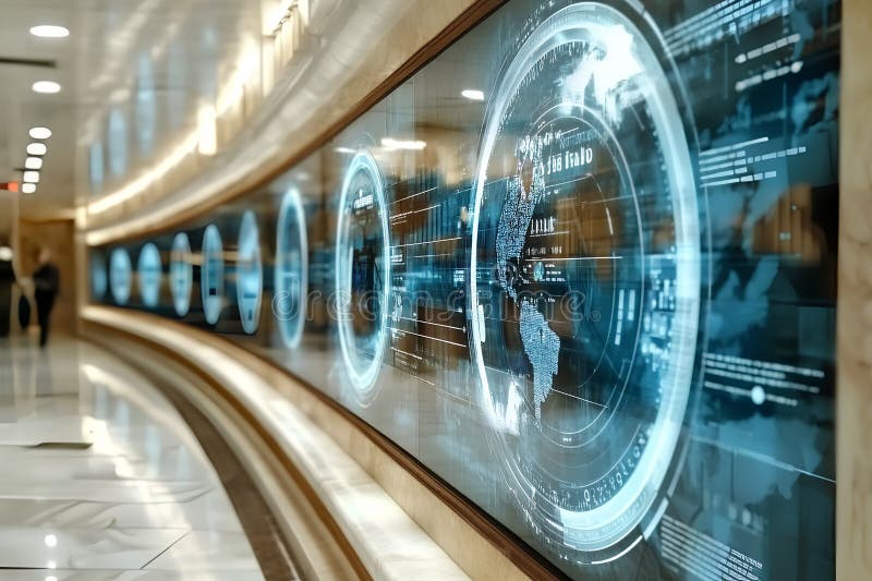 Futuristic Interface with Hologram and World Map in the Airport Stock ...