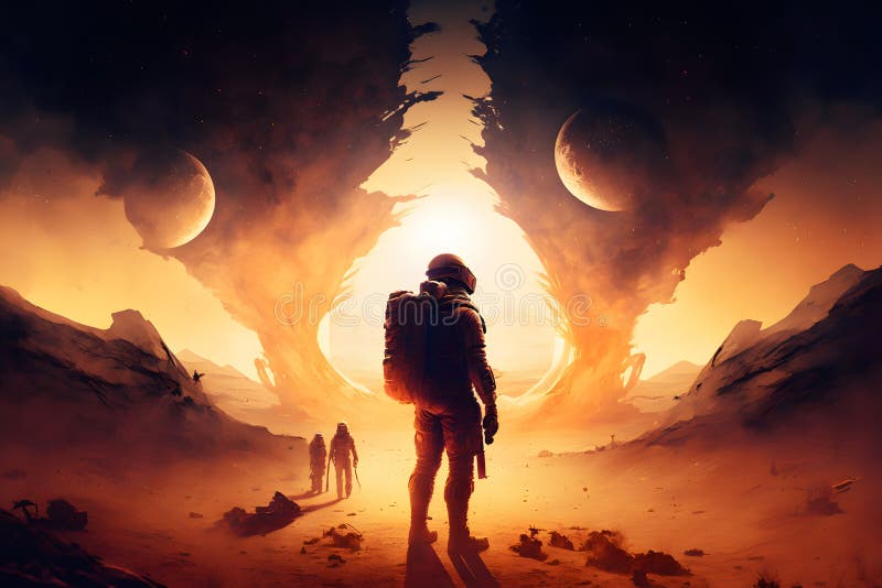 Futuristic Scene with Astronauts in Space Exploring a Planet. Neural ...