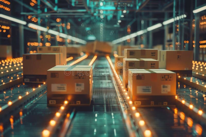 A Futuristic Scene with Boxes Moving Along a Conveyor Belt. Logistic ... A Futuristic Scene with Boxes Moving Along a Conveyor Belt. Logistic ...