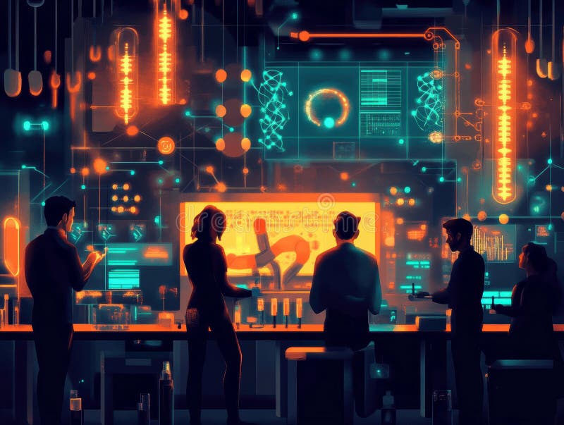 A Futuristic Scene of a Bustling Control Center, Filled with Orange and ...
