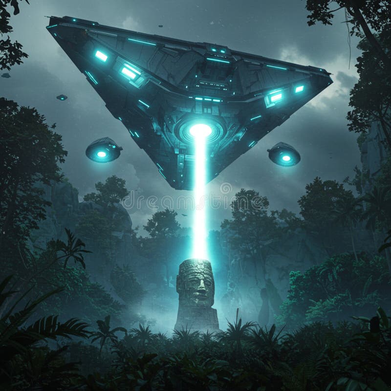 Futuristic Scene Depicting a Large Triangular Spacecraft Hovering Above ...