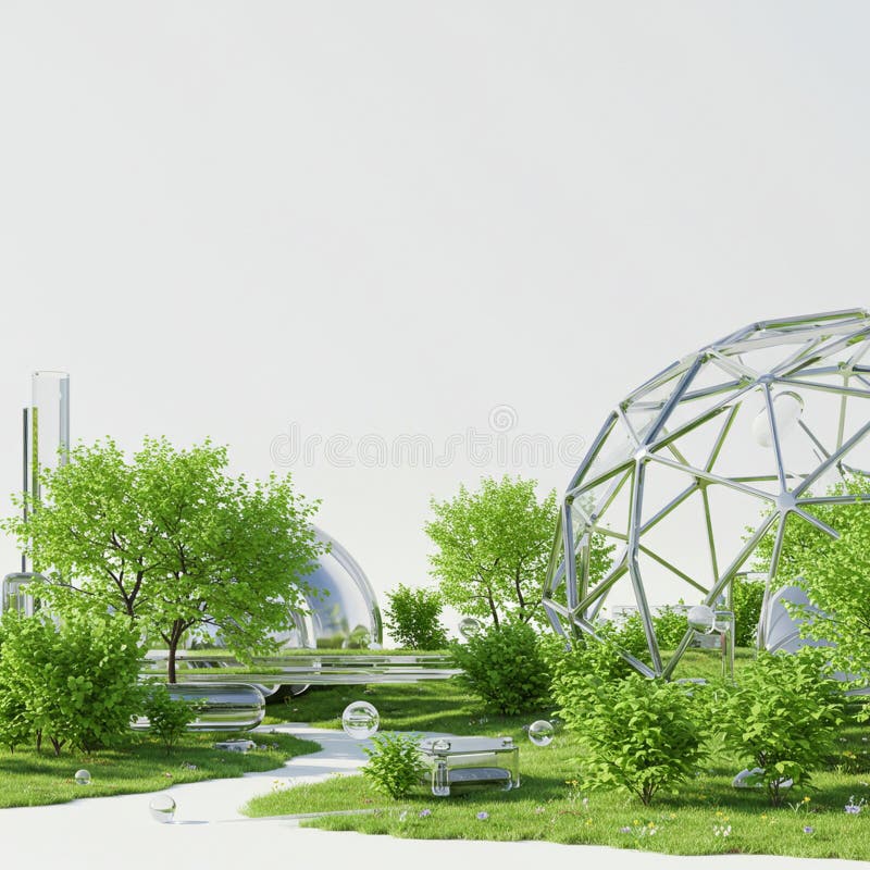 Futuristic Scene Depicting a Lush, Green Landscape with Modern ...
