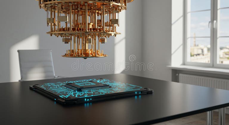 A Futuristic Scene Depicting a Quantum Computer Setup. Suspended Above ...