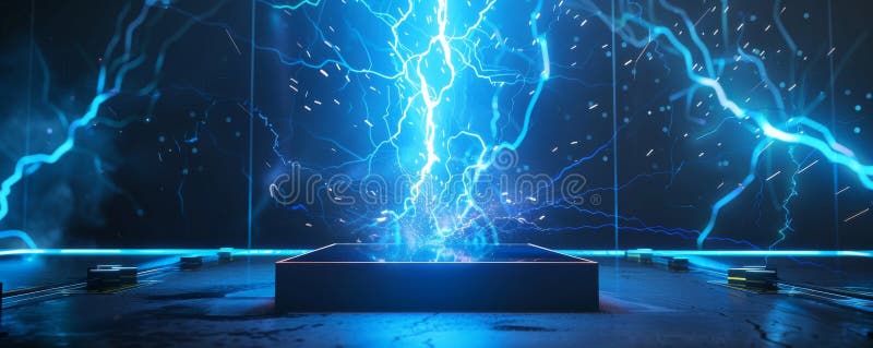 Futuristic Scene with Electric Lightning and a Central Podium in a High ...