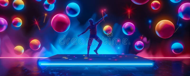 Futuristic Dancer on an Illuminated Podium Surrounded by Vibrant ...