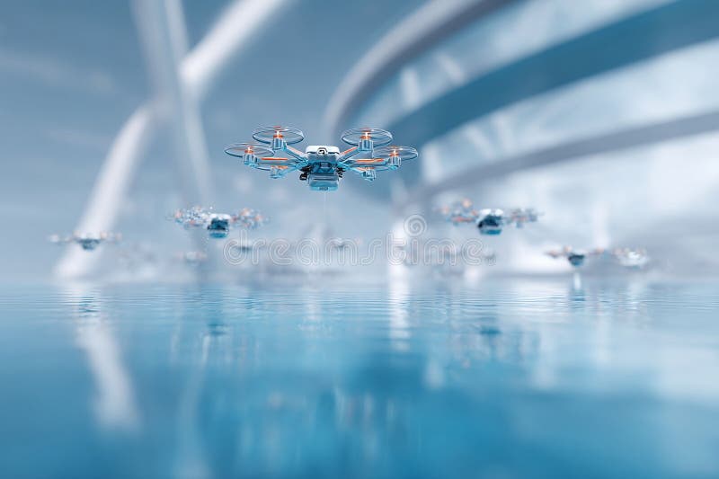 Futuristic Scene Featuring Drones Hovering Above Water, Reflecting a ...