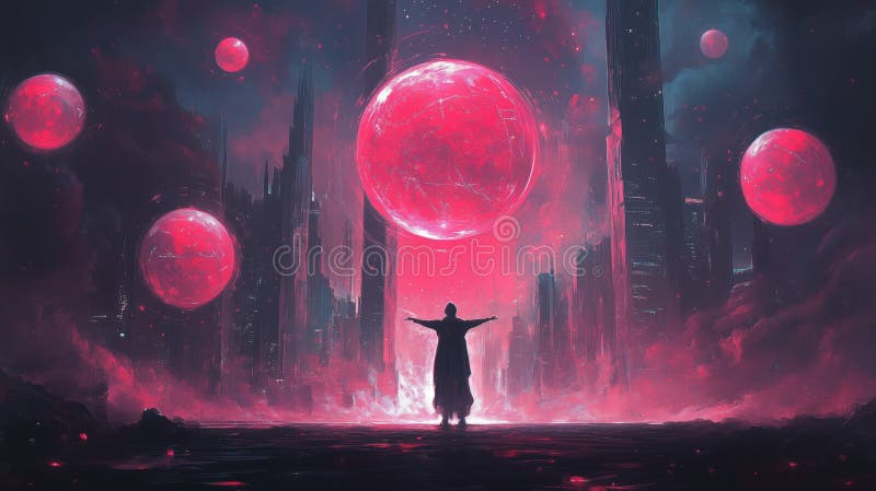 Futuristic Scene Featuring Figure Dark Environment with Glowing Red ...