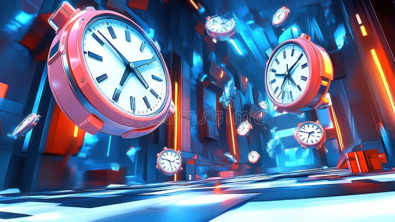 A Futuristic Scene Featuring Floating Clocks in a Vibrant, Digital ...