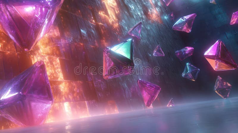 A Futuristic Scene Featuring Floating Crystalline Shapes Against a ...