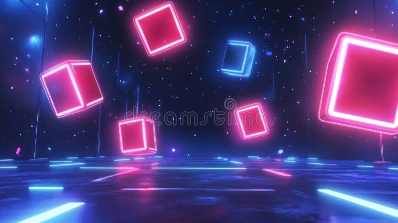 A Futuristic Scene Featuring Floating Neon Cubes in a Dark, Starry ...