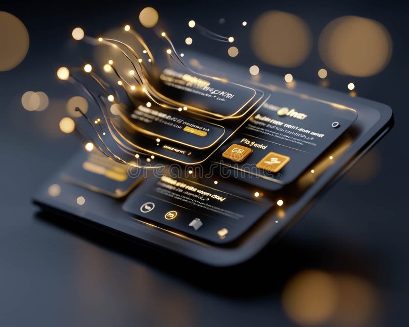 Futuristic Scene with Glowing Mobile App Interface with Floating Icons ...