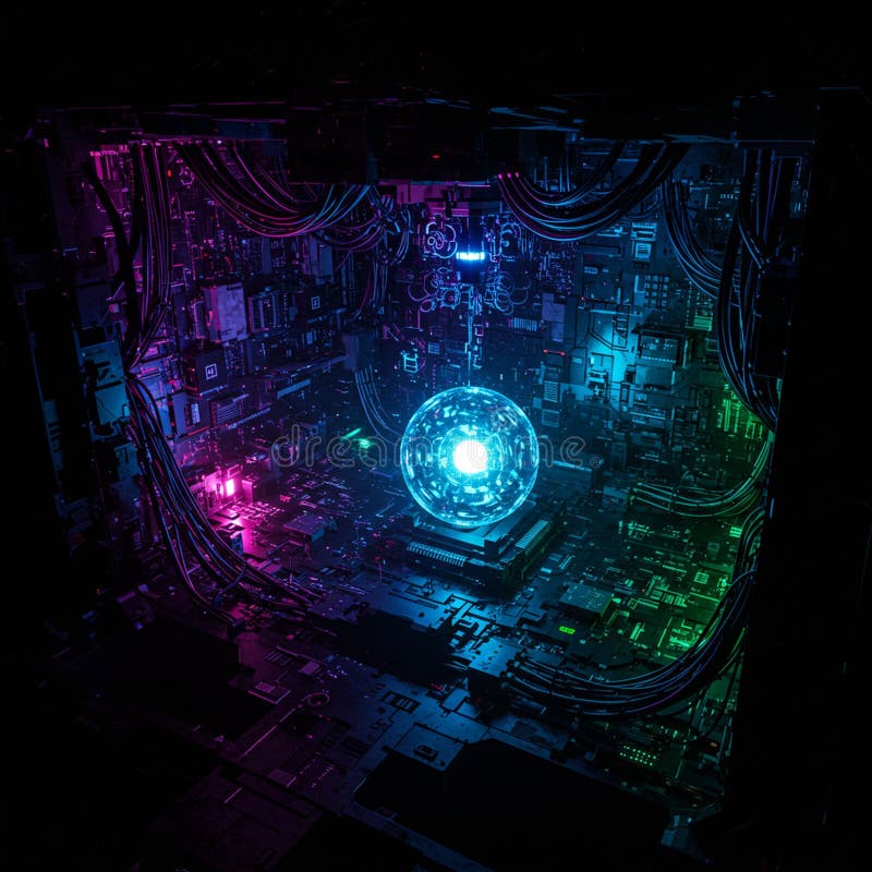 A Futuristic Scene Featuring a Glowing Orb at the Center of a Complex, Cube-shaped Stock ...
