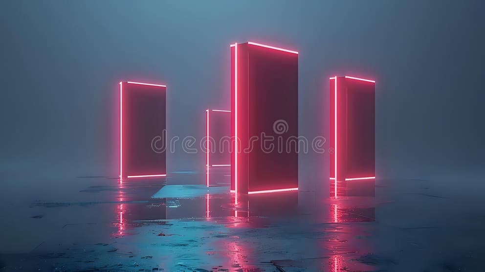 A Futuristic Scene Featuring Glowing Rectangular Structures in a Misty ...