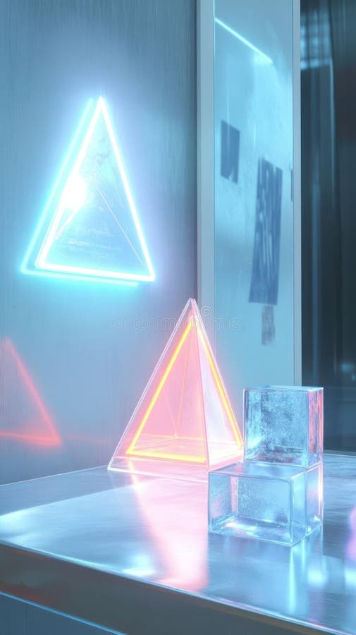 A Futuristic Scene Featuring Glowing Triangular Shapes and Ice Cubes on ...