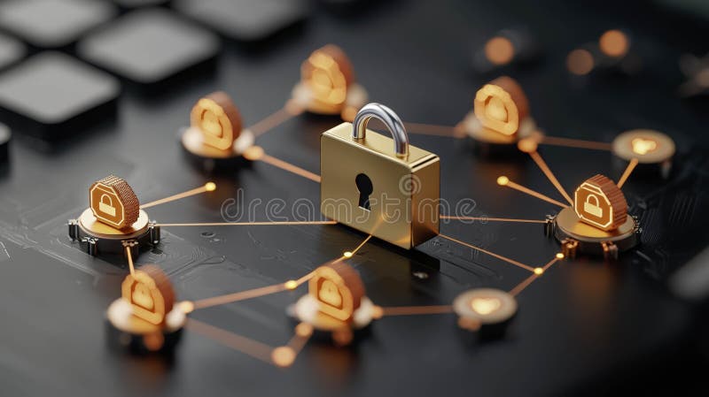 Futuristic Scene with a Golden Padlock Connected To a Glowing Node ...