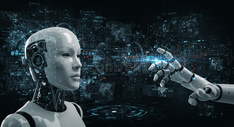 Futuristic Scene Featuring a Humanoid Robot Facing a Robotic Hand with ...