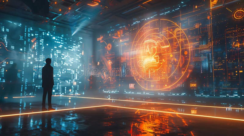 A Futuristic Scene Featuring a Lone Figure Interacting with Digital ...