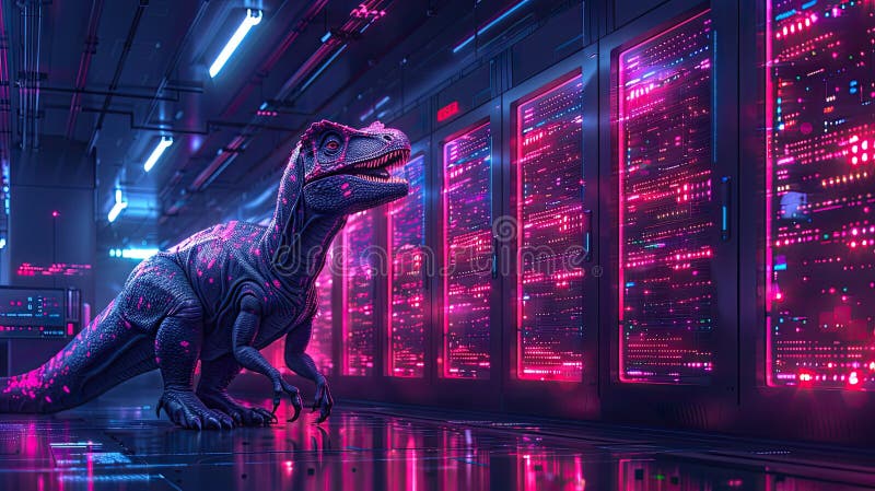 A Futuristic Scene Featuring a Robotic Dinosaur Amidst Glowing Neon ...