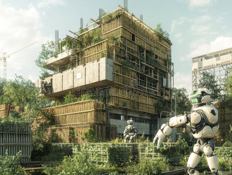 A Futuristic Scene Featuring a Sustainable, Partially Wooden Building ...