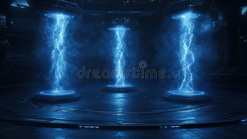 Futuristic Scene Featuring Three Glowing Energy Pillars Emitting Blue ...