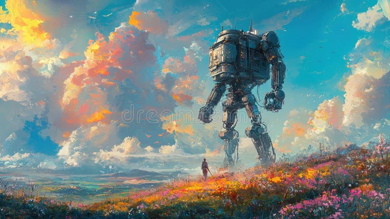 Giant Robot and Human in a Surreal Landscape Stock Image - Image of ...