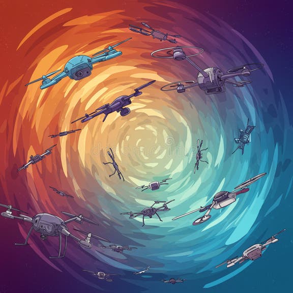 A Futuristic Scene Featuring Various Flying Drones Navigating through a ...