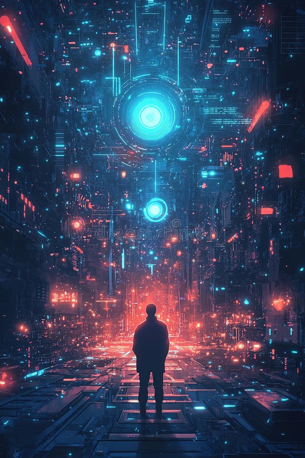 A Futuristic Scene with a Figure Standing in a Digital Metropolis of ...