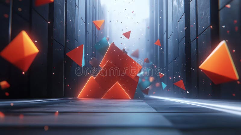 A Futuristic Scene with Floating Geometric Shapes in a Corridor ...
