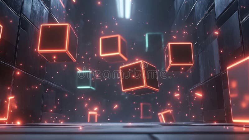 A Futuristic Scene with Floating Neon Cubes in a Dark, Industrial ...