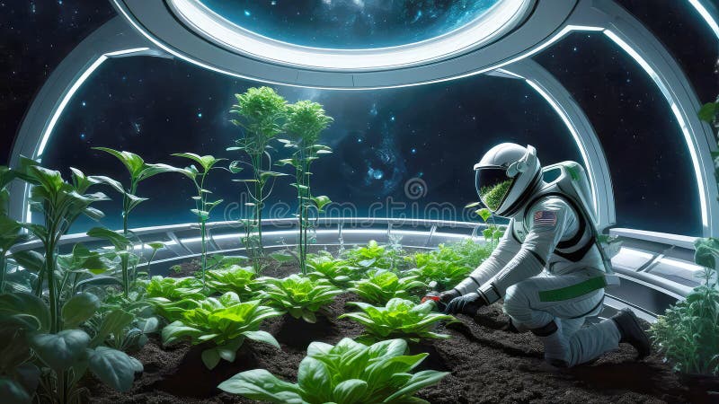 A Futuristic Scene of Gardening in Space, Where Zero-gravity Poses ...