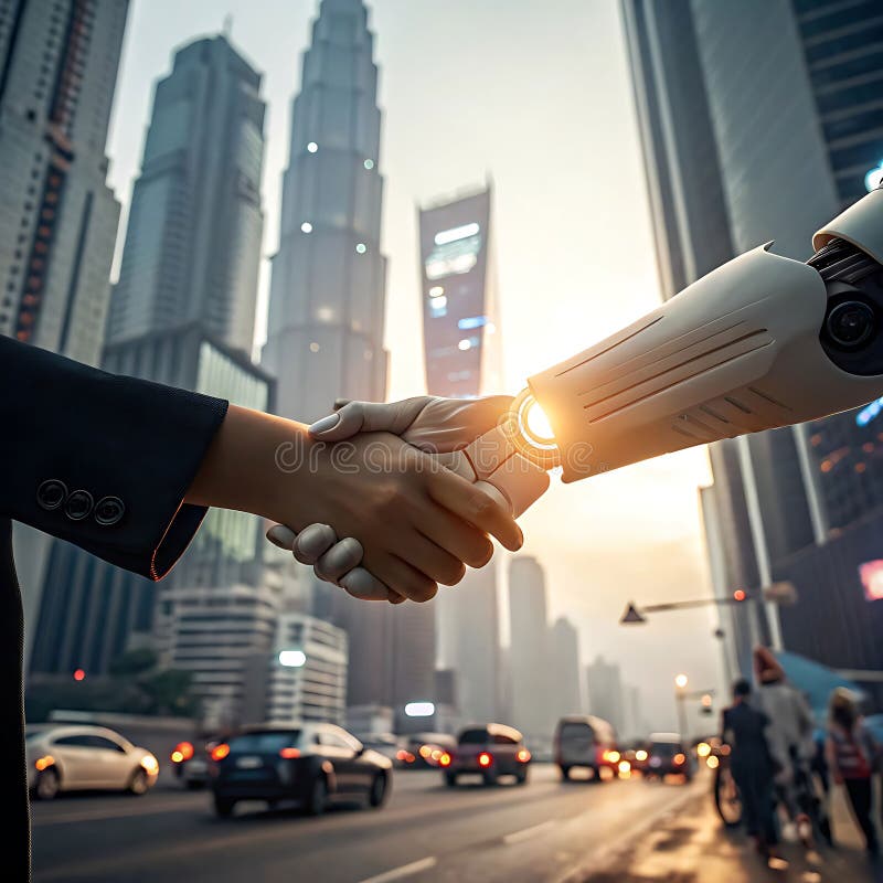 Glowing AI Robot Hand Shaking Hands with a Human Stock Illustration ...
