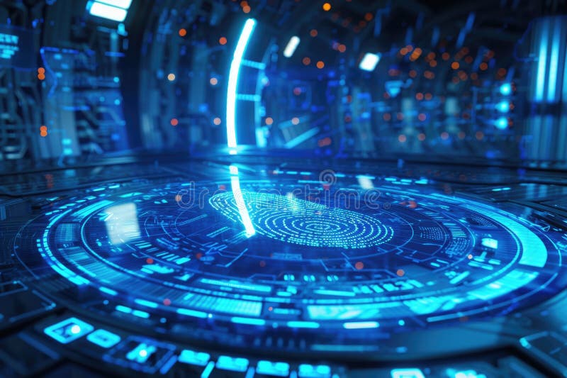 A Futuristic Scene with a Glowing Blue Fingerprint Scanner in the ...