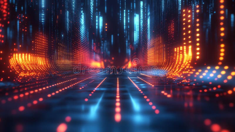 A Futuristic Scene with Glowing Digital Patterns and Lights in a ...