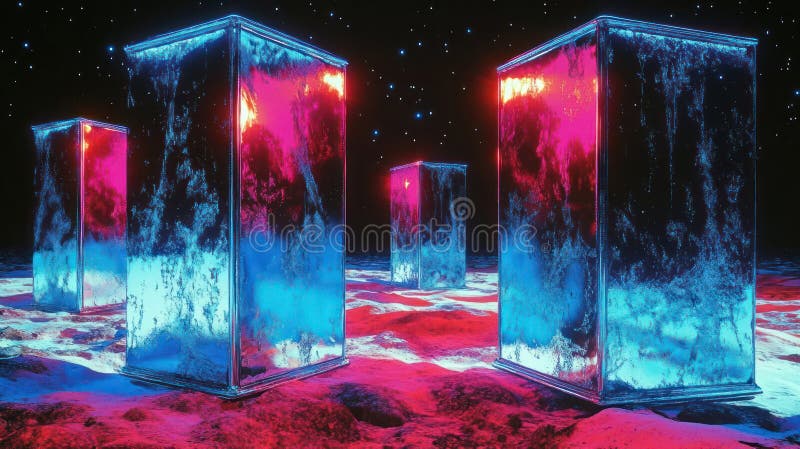 Futuristic Scene with Glowing, Reflective Monoliths on a Surreal ...