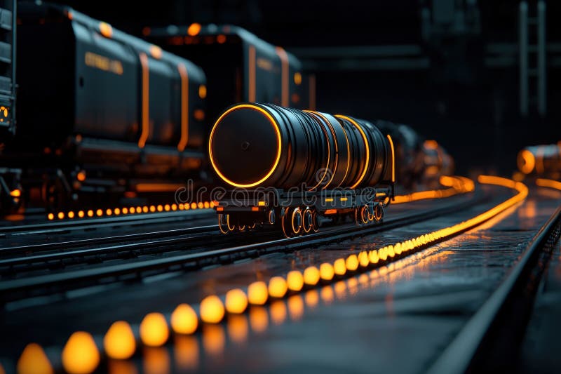 Futuristic Scene with Glowing Train Barrels on Railway Tracks ...
