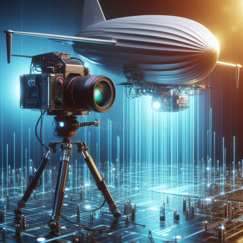 Futuristic Film Camera and Zeppelin in Virtual Set Stock Image - Image of filmmaking, futuristic ...