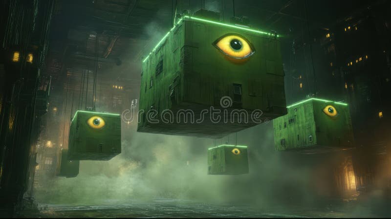 Futuristic Scene with Hovering Green Boxes Featuring Glowing Eyes in a ...