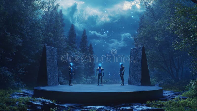 Futuristic Scene Humanoid Robots on a Circular Podium Under a Starry ...