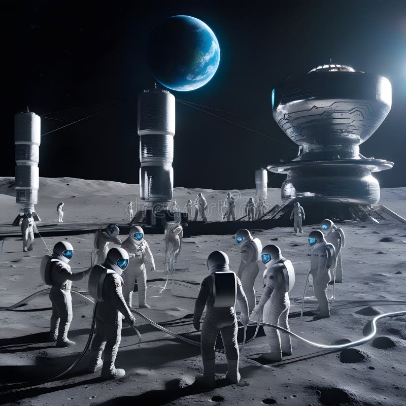 Lunar Dawn Humanity S First Base on the Moon. Stock Illustration ...